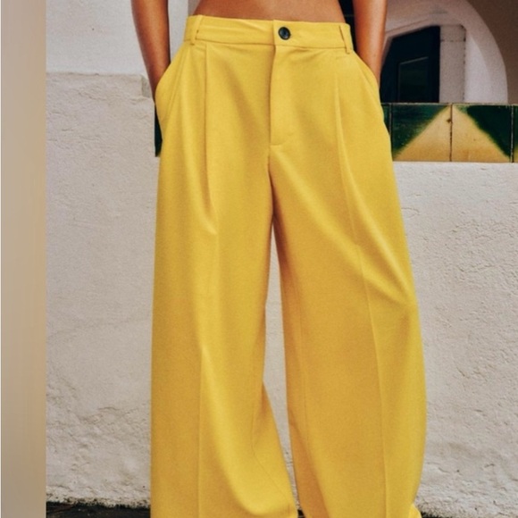 Zara | Pants & Jumpsuits | Zara Yellow Pleated Pants With Black Button ...